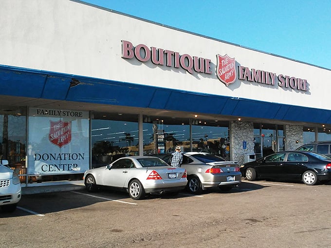 The Salvation Army's distinctive arches welcome bargain hunters to paradise. Like a mid-century modern gateway to affordable treasures.