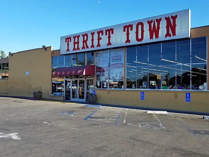 Thrift Town's bold red sign is like Vegas for bargain hunters—what happens here saves you money everywhere else.