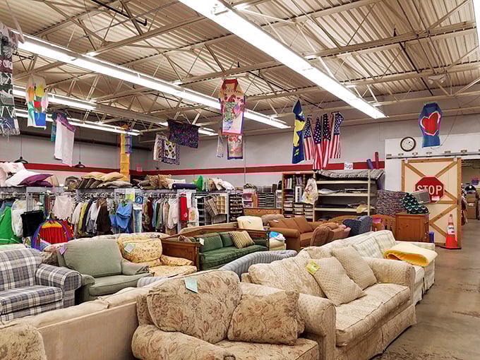 Couches and cushions and chairs, oh my! The PTO Thrift Shop's furniture section is a college apartment's best friend.