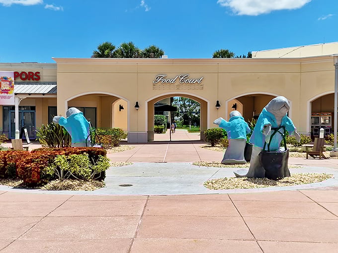 Those manatee sculptures aren't just cute—they're silently judging how many shopping bags you're carrying. Go ahead, get one more!