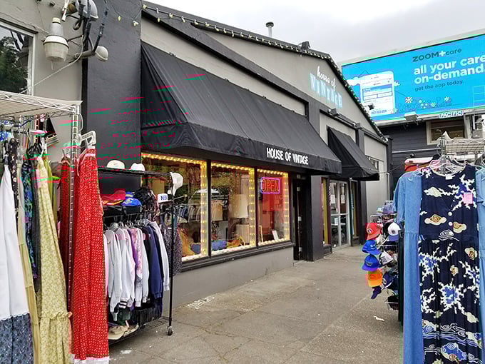 Racks of colorful vintage clothing spill onto the sidewalk, offering a preview of the retro wonderland inside.