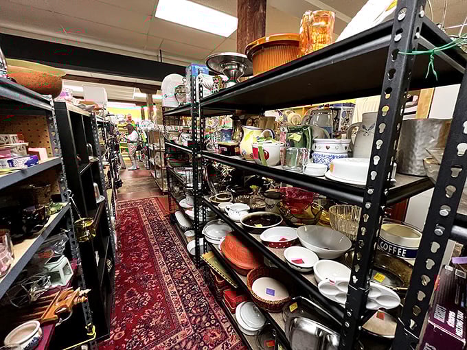 Shelves laden with vintage treasures tell silent stories. That serving bowl definitely hosted Thanksgiving dinners in another life!