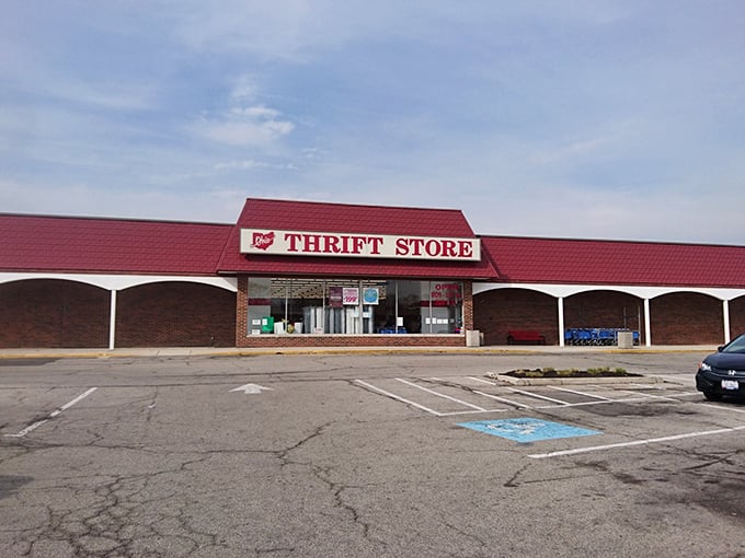 Ohio Thrift stands ready for bargain hunters with its distinctive red-roofed welcome and promise of treasures inside.