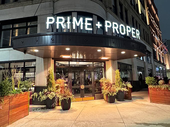 Urban sophistication meets primal satisfaction at this Detroit steakhouse where even the entrance looks delicious.