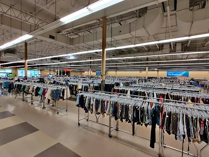 Rows upon rows of clothing create a textile landscape that would make any bargain hunter's heart race.