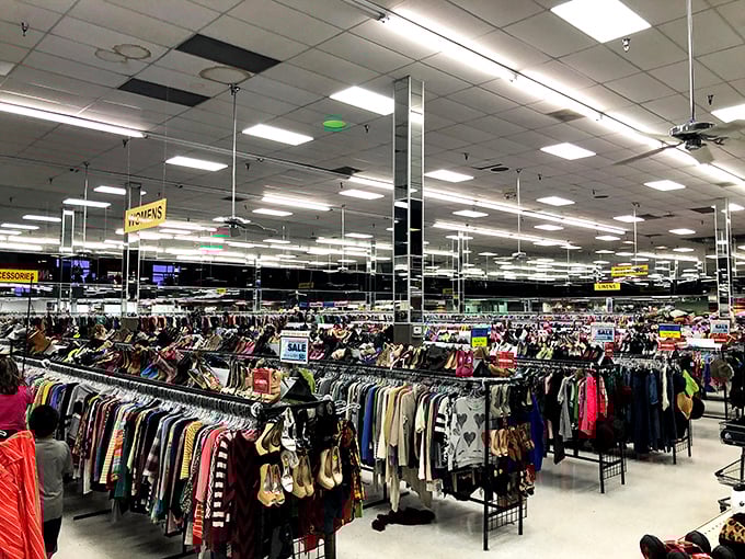 Thrift Giant's cheerful yellow sign promises over 4,000 new items daily – like Christmas morning for bargain hunters.