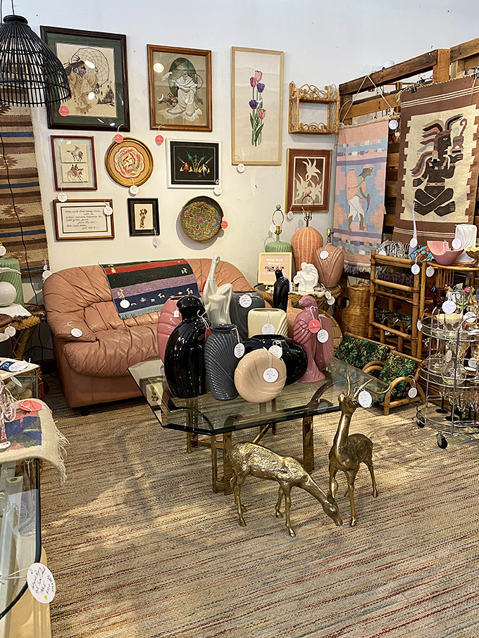 That red sofa isn't just furniture; it's a time machine to an era when style had personality.