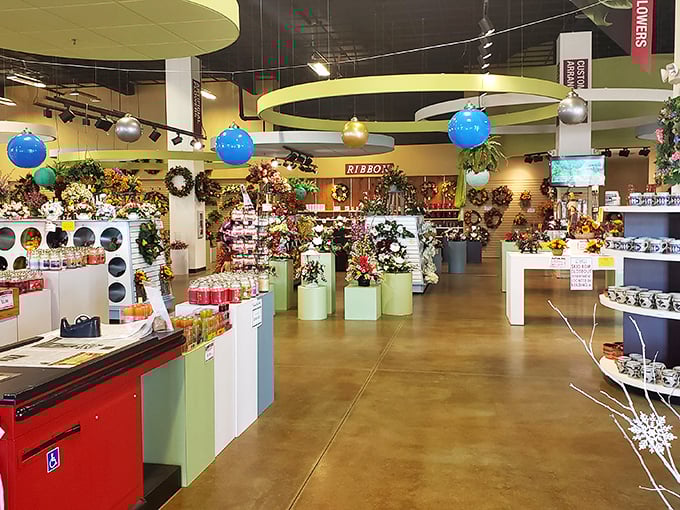 Inside Williamsburg Pottery, a kaleidoscope of colorful home décor tempts even the most disciplined shopper. Those hanging ornaments are like retail jewelry.