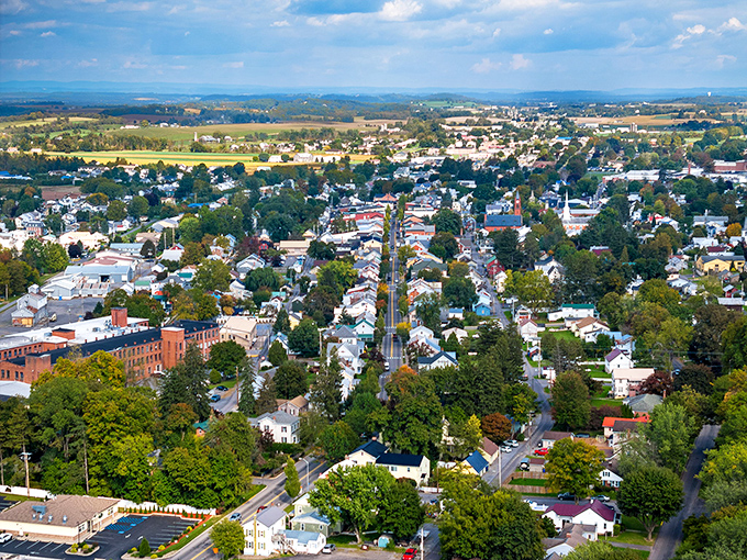 From above, Mifflinburg reveals its perfect small-town layout—tree-lined streets, church steeples, and a downtown core that's actually still alive and kicking.