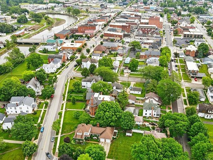 From above, Wapakoneta reveals its perfect grid of tree-lined streets and well-kept homes—small-town America as it was meant to be.