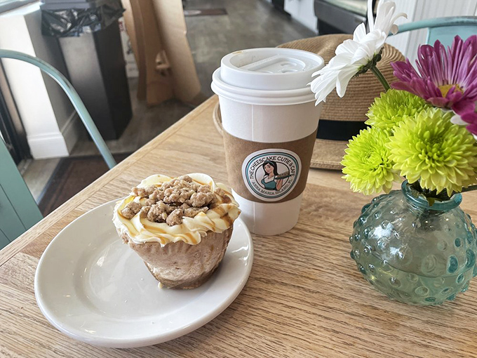 Coffee and cheesecake: the dynamic duo that makes mornings worthwhile. This crumb-topped cutie is begging to be your breakfast.