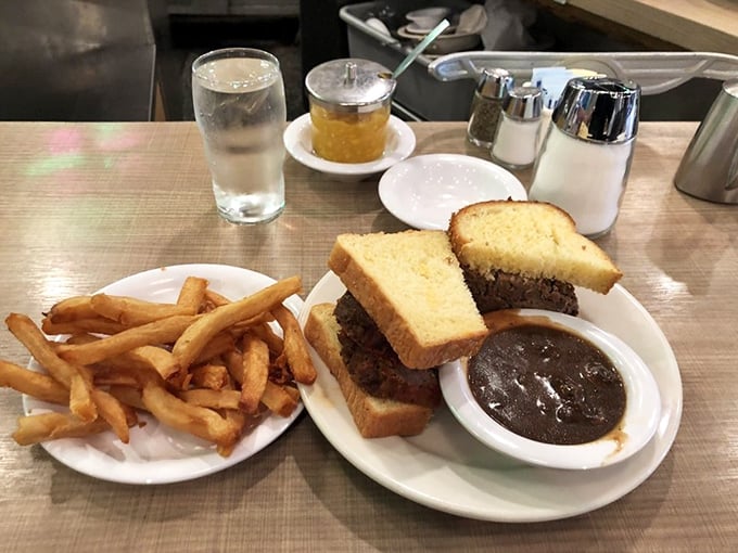 Meatloaf and fries – the dynamic duo that's been saving bad days since before superhero movies were cool. That gravy deserves its own fan club. 