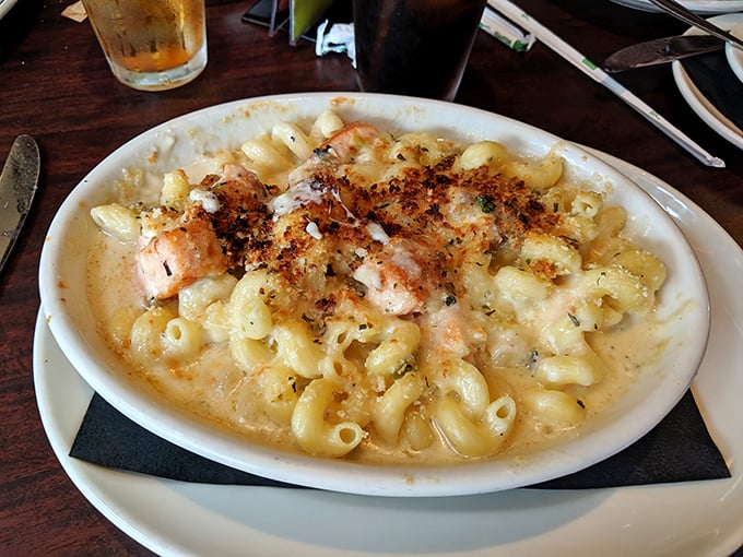 Mac and cheese elevated to art form—tender pasta swimming in velvety cheese sauce with what appears to be chicken, creating a symphony of comfort.