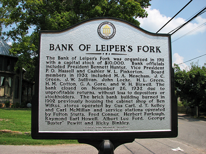 History stands still on these markers, telling tales of a time when the Bank of Leiper's Fork was the center of local commerce and gossip.