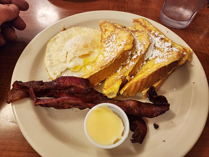 The French toast and bacon combo—proof that simplicity, when executed perfectly, beats culinary gymnastics every time.