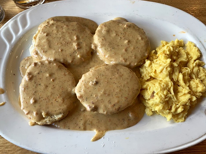 Biscuits swimming in country gravy—comfort food so authentic it could make your grandmother slightly jealous of the competition.