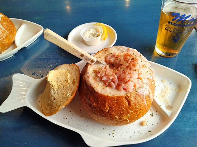 The "Cannonball" isn't just a bread bowl—it's edible architecture. Sourdough fortress walls protecting a creamy chowder kingdom topped with bay shrimp.