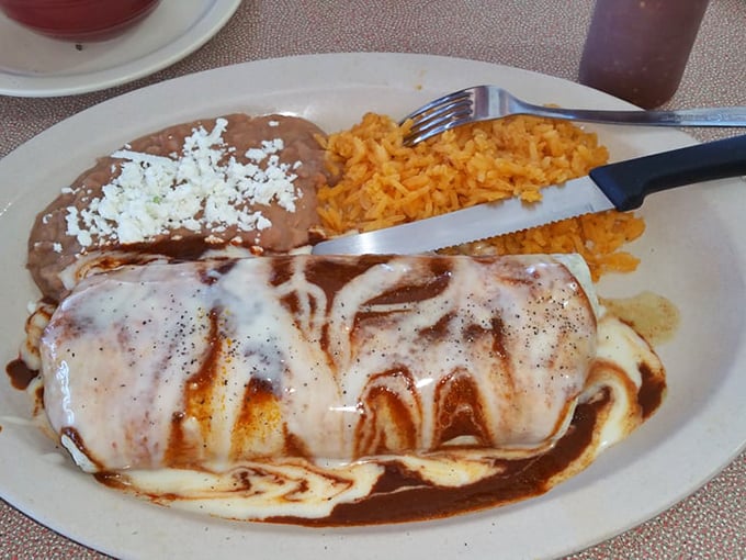 This carnitas wet burrito doesn't just satisfy hunger—it creates happiness. The melted cheese blanket and rich sauce transform simple ingredients into pure comfort.
