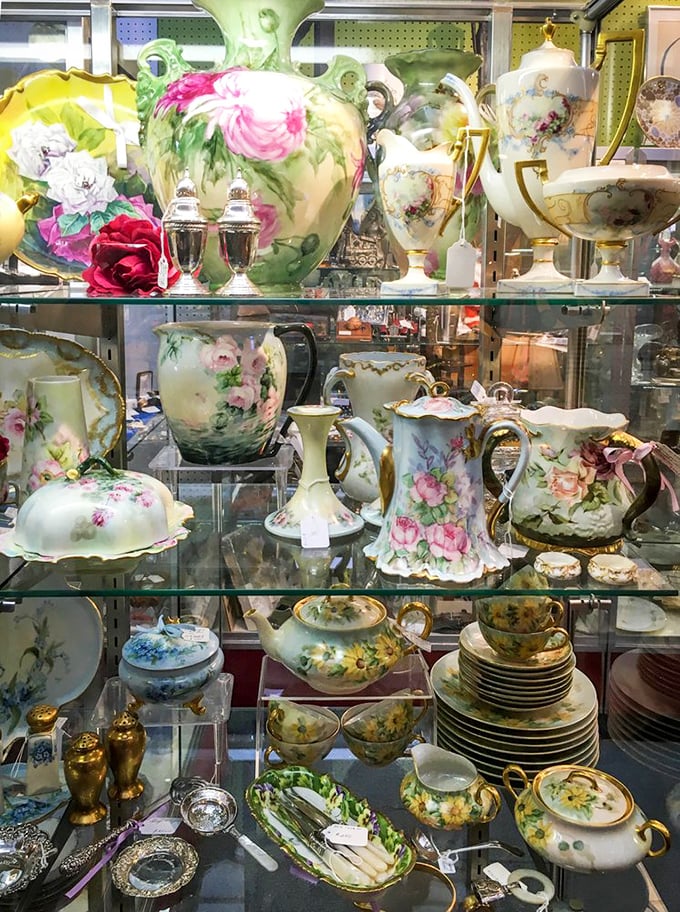 Hand-painted porcelain vases bloom with roses that will never wilt, showcasing craftsmanship from an era when "handmade" wasn't just a marketing term.