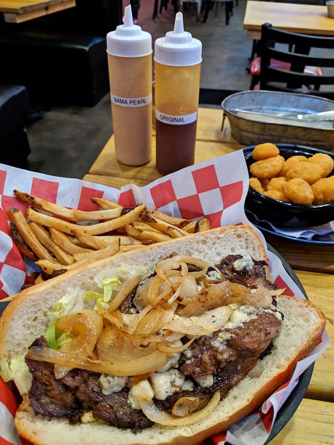 The sandwich that launched a thousand return trips. Caramelized onions and blue cheese elevate this beast beyond standard steakhouse fare.