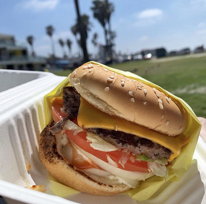 Even taken to-go, Hodad's cheeseburger maintains its perfect architecture – a testament to burger craftsmanship that travels as well as it tastes.