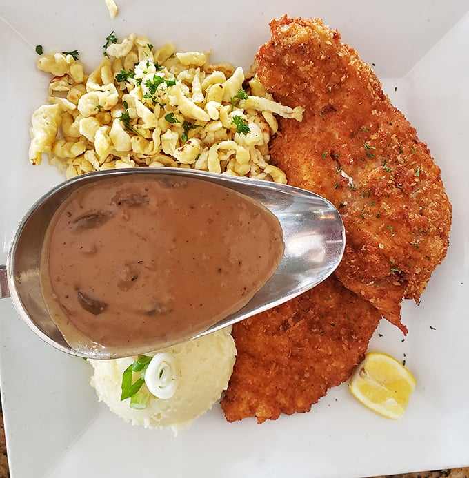 Schnitzel perfection isn't just about size (though impressive) – it's that golden-brown crust giving way to tender meat, with mushroom sauce that demands to be sopped up.