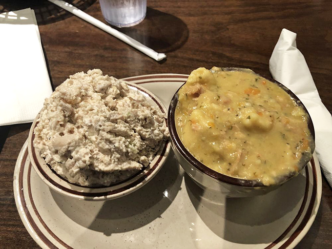 Chicken pot pie and potato salad—the dynamic duo of comfort food. This isn't trendy fusion cuisine; it's the kind of honest cooking that never goes out of style.