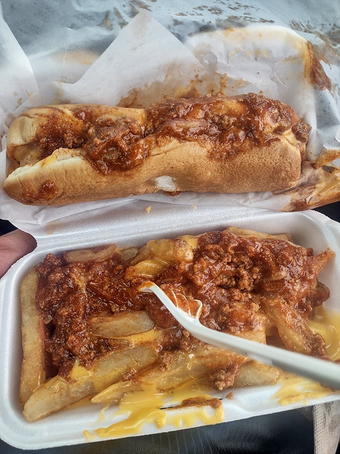 Behold the holy trinity: crispy fries, savory chili, and cheese that flows like a golden river. Diet plans surrender at first sight.