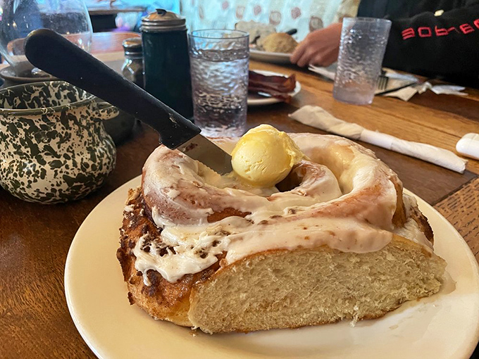 Not so much a cinnamon roll as a cinnamon continent – this sweet spiral of dough and frosting requires a topographical map to navigate properly.