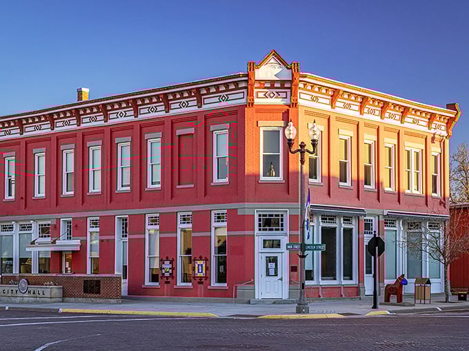 The sunset casts a golden glow on Lindsborg's City Hall, a brick beauty that would make any small-town mayor proud.