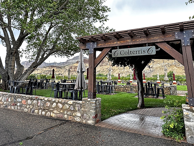 At Colterris Winery, the outdoor patio invites you to linger over Cabernet while the Book Cliffs provide nature's most impressive backdrop.