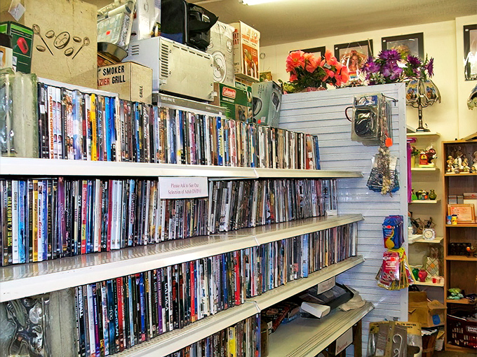 The DVD section—a Netflix queue before streaming existed. Find that obscure film your friends won't believe you've watched, organized with surprising precision. 