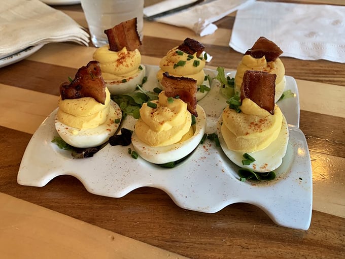 Church Lady Deviled Eggs that would win blue ribbons at any county fair. That bacon garnish isn't just decoration—it's a flavor exclamation point!