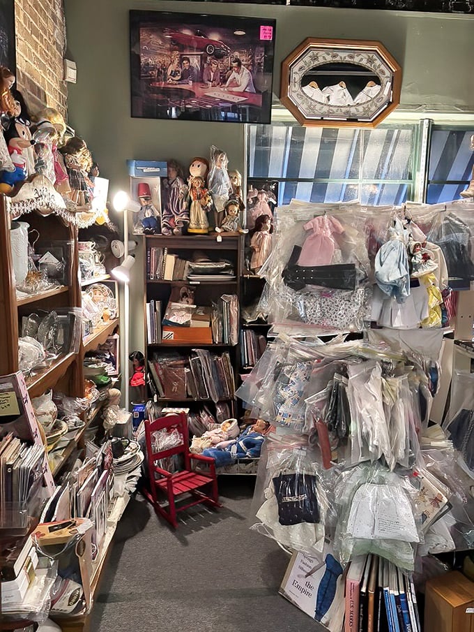 A collector's dream corner where vintage dolls and their pristine wardrobes wait patiently for their next admirer or fashion-forward home.