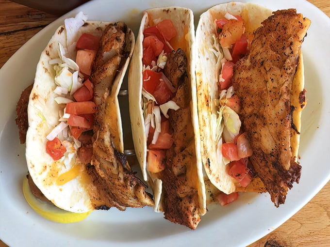 Fish tacos that make you question why you'd ever eat anything else—blackened perfection nestled in tortillas like they were born to be there.