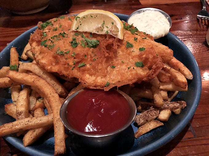 The legendary fish and chips – golden, crispy exterior giving way to flaky white fish. Desert dwellers shouldn't have seafood this good!