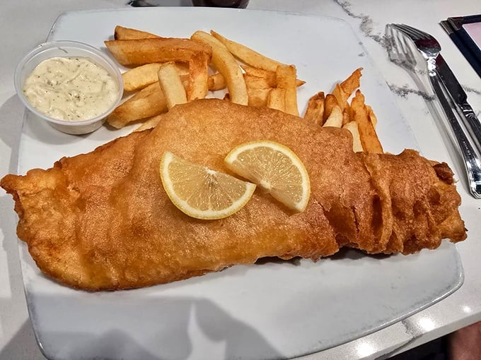 The perfect fish and chips doesn't exi— Oh wait, here it is! Crispy exterior giving way to flaky white fish, with chips sturdy enough for proper vinegar dousing.