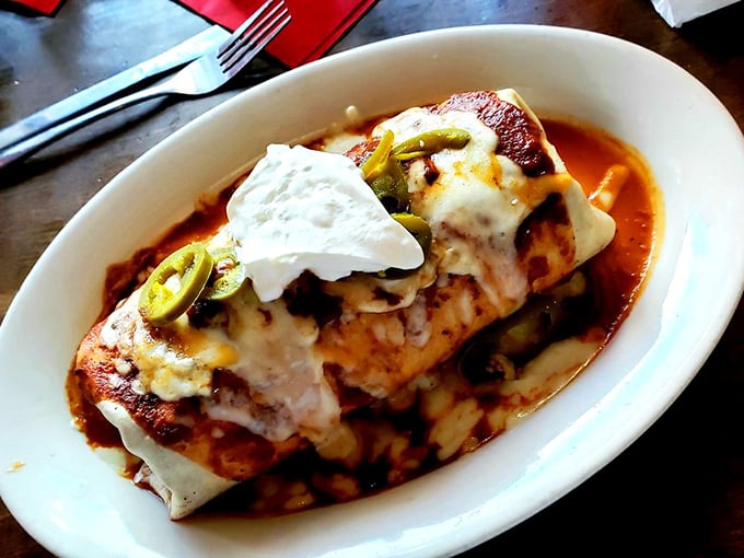 When a burrito gets the royal treatment – smothered, covered, and crowned with all the fixings that turn lunch into an event worth remembering.
