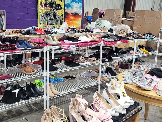 A shoe lover's dream arranged with surprising care. From practical work boots to party-ready heels, there's footwear for every occasion and personality.