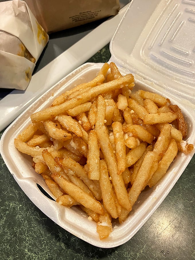 Golden, crispy, and perfectly salted—these fries aren't trying to reinvent the wheel, just roll it straight to flavor town.