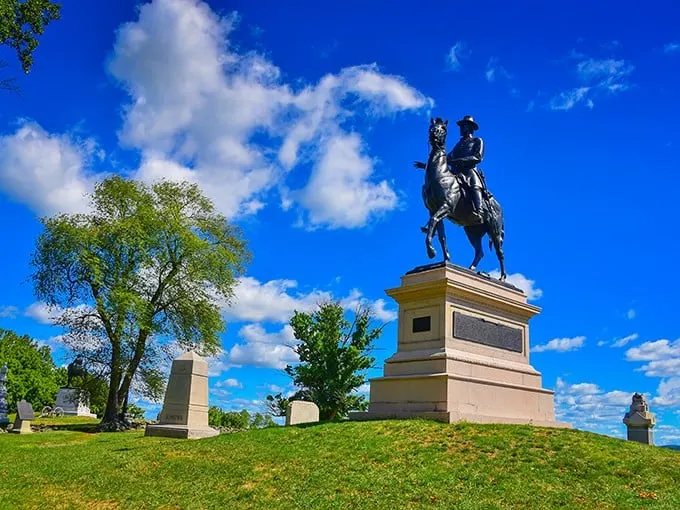 This isn't just any statue—it's history on horseback. General Hancock surveys the battlefield where crucial decisions shaped a nation.