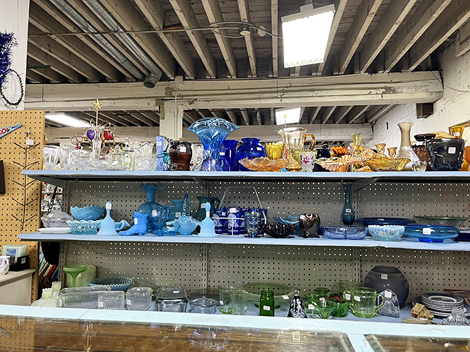A symphony in blue glass. Grandmother's prized depression glass collection has nothing on this azure display of vintage craftsmanship.