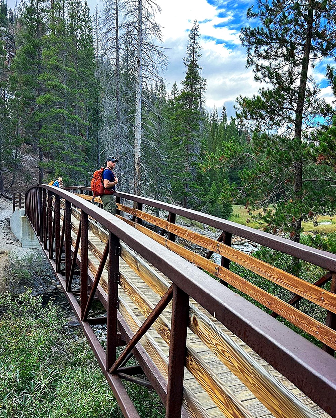 Crossing into wilderness: This wooden footbridge doesn't just span a creek—it's the gateway between civilization and the wild Sierra backcountry.