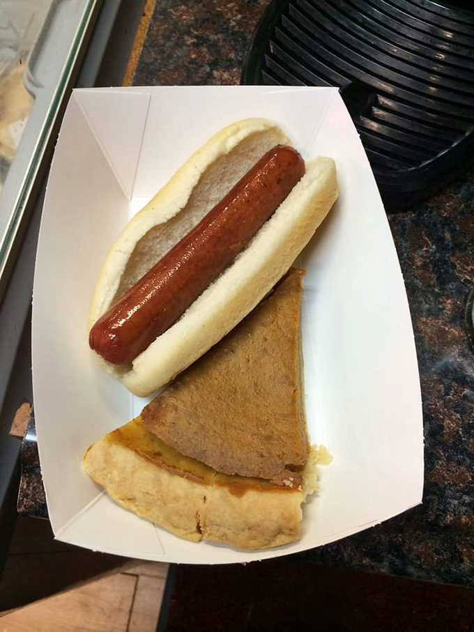 Hot dog perfection on a pillowy bun alongside a slice of pie. This isn't just lunch—it's the American dream on a paper plate.