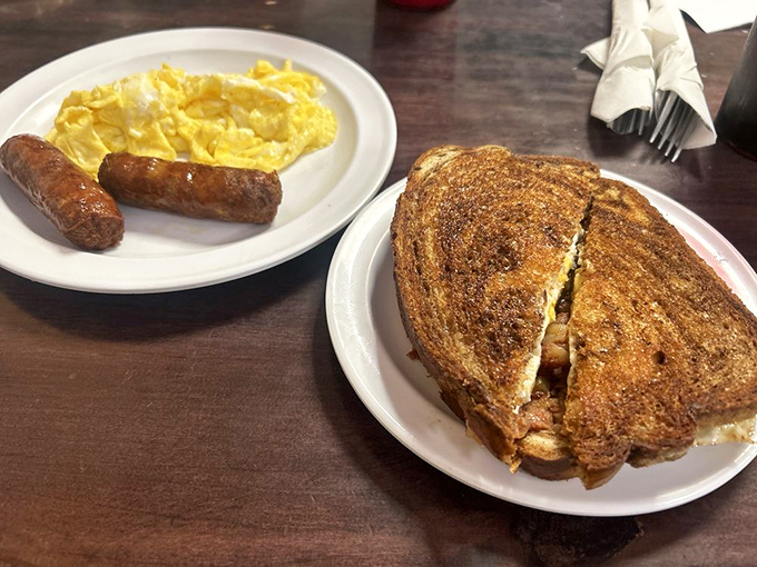 The Irish Dagwood sandwich sits proudly next to eggs and sausage – breakfast's greatest hits album on a single plate.