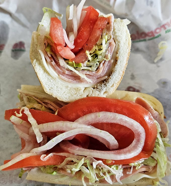 This isn't just a sandwich; it's architectural genius—layers of Italian meats, crisp vegetables, and that perfect bread creating the hoagie equivalent of the Sistine Chapel.