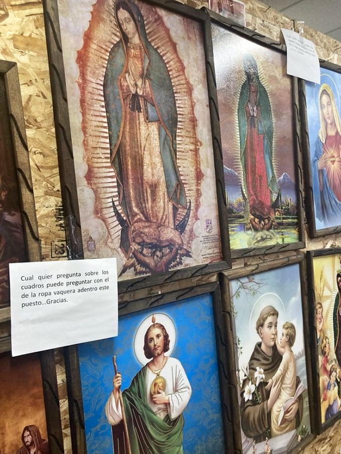 Religious iconography finds a home at Lancaster, where devotional art meets décor. La Virgen de Guadalupe watches over shoppers seeking both spiritual and material treasures.