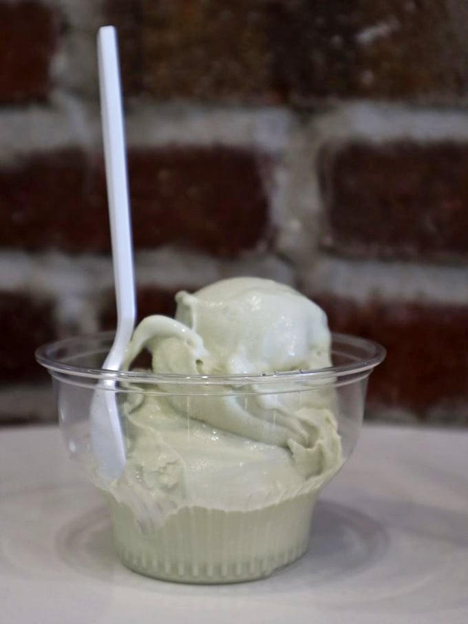 The pale green matcha custard against that brick backdrop is like a zen garden for your taste buds. Simplicity at its most indulgent.