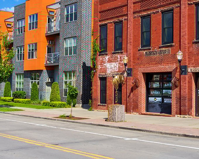 Old meets new in perfect harmony along this Eau Claire streetscape. That orange modern building isn't crashing the party—it's bringing fresh energy to the conversation.