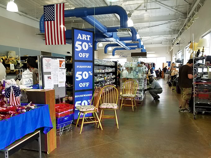 Those blue "50% OFF" signs might as well say "RESISTANCE IS FUTILE." Even seasoned thrifters feel their willpower crumbling at these deals.